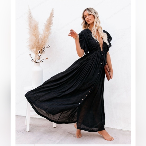 Dresses | New Flowy Deep Plunge Maxi Dress Sheer Gauze Cover Up Summer ...